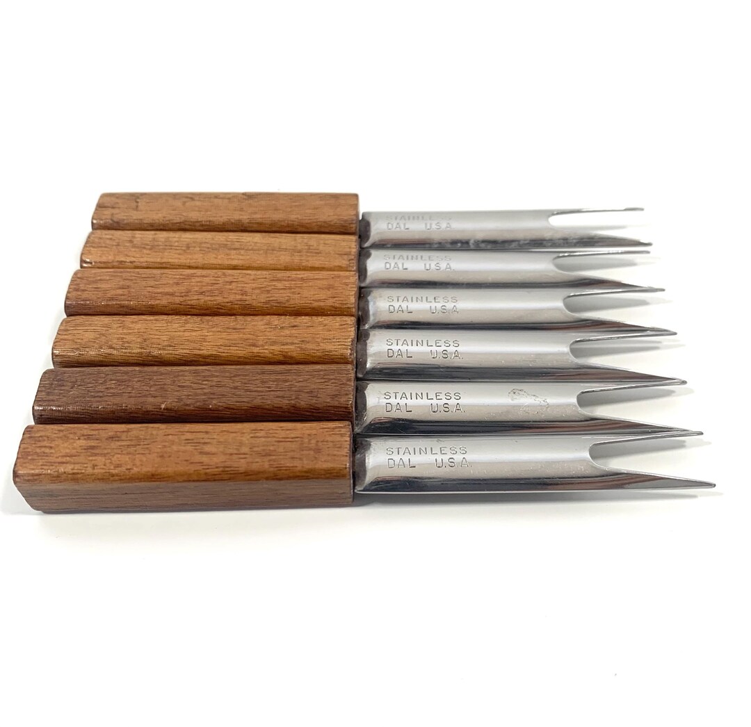 Vintage Cocktail Appetizer Forks Stainless Steel With Wood Handles Set ...