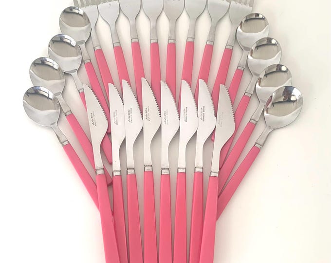 Pink Handled Retro Stainless Flatware Set of Eight Place Settings ...