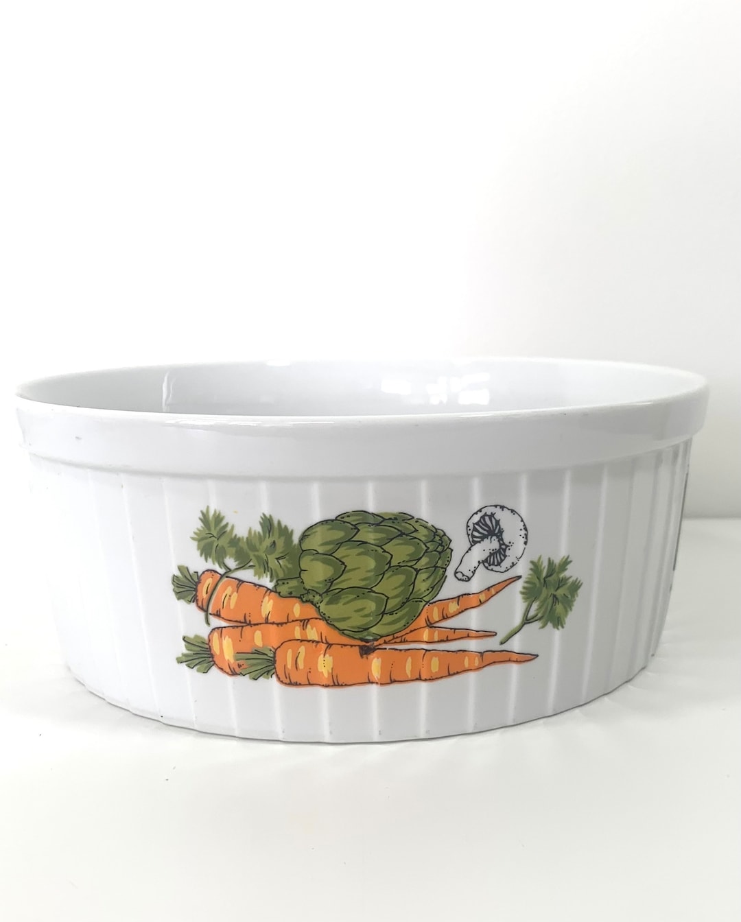 White Porcelain Ribbed Souffle Dish With Vegetable Motif Vintage Styson ...