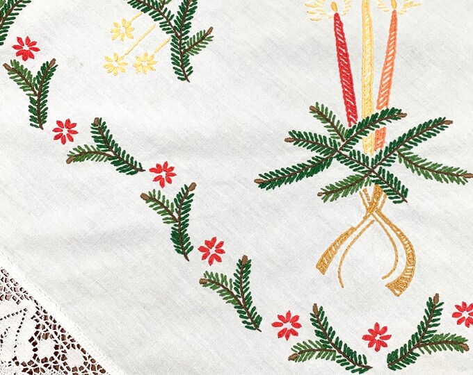 Vintage German Embroidered Christmas Holiday Tablecloth Linen Table ...