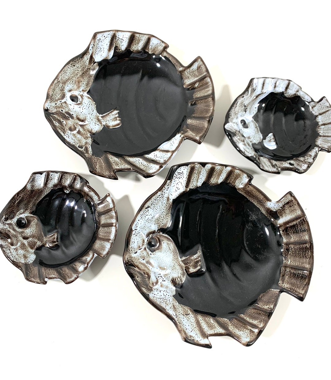 Japanese Stoneware Fish Dish Plates Vintage Brown Drip Pottery Textured ...