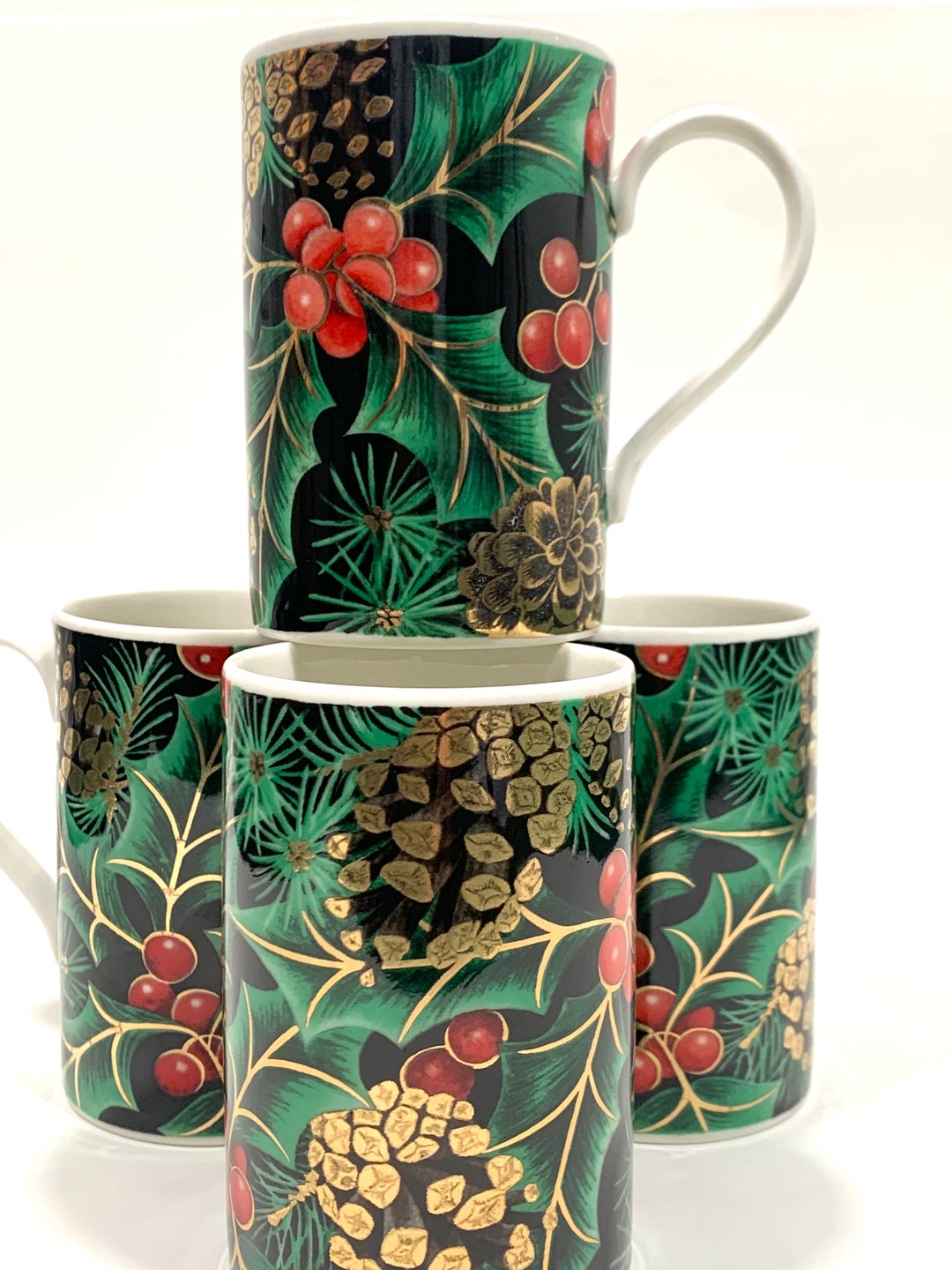 Dunoon Christmas Golden Holly Fine Bone China Coffee Tea Mugs Set of ...