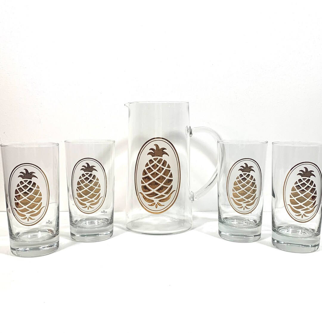 Frosted Glass Pitcher With Matching Glasses Vintage Cera Glass Gold ...