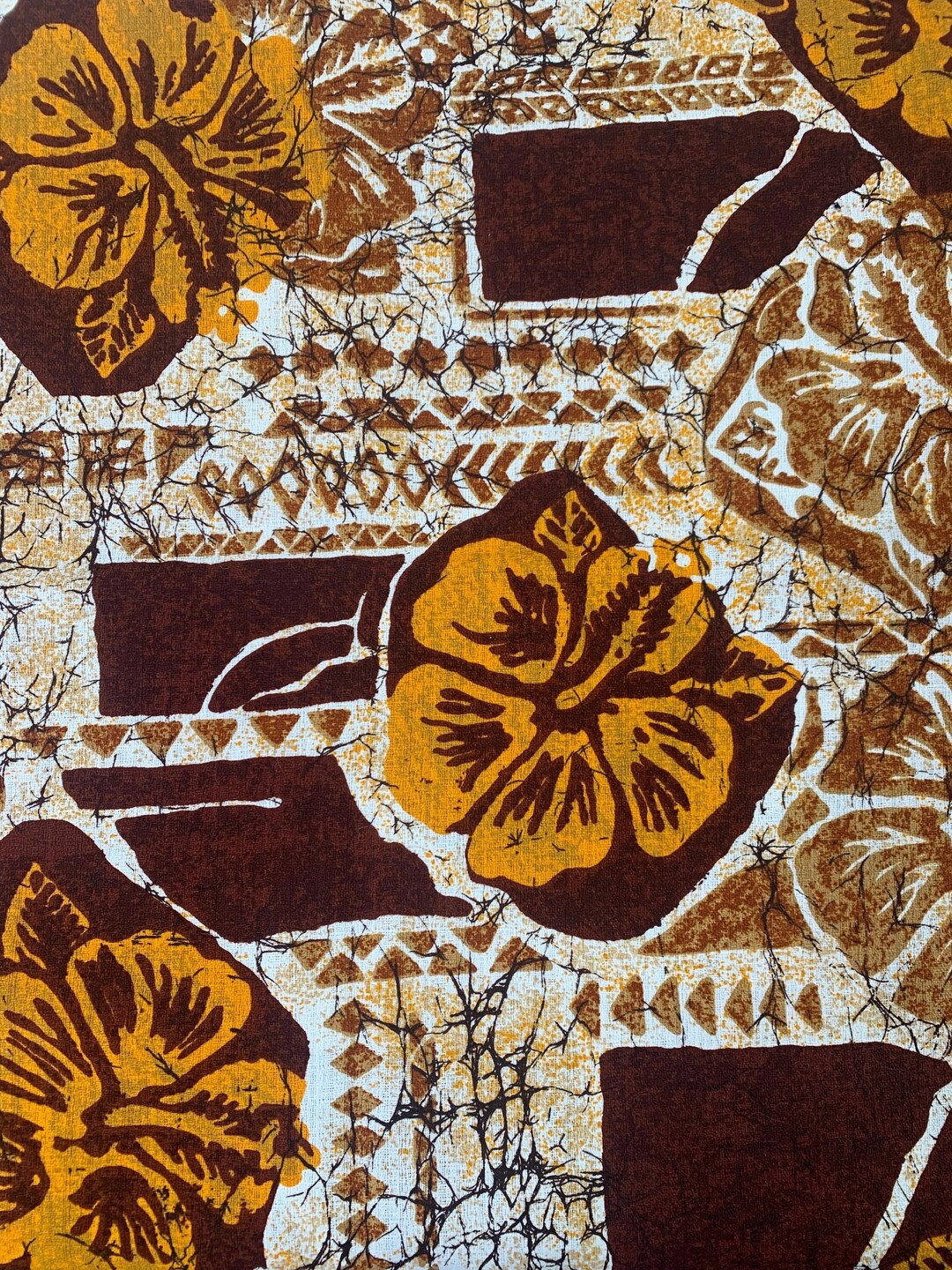 Vintage Hawaiian Floral Tapa Barkcloth Brown and Gold Flower Fabric Two ...