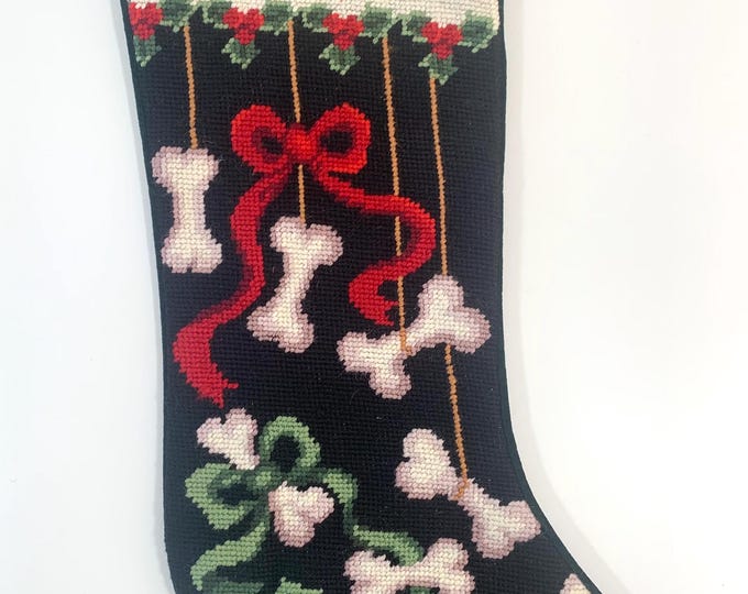 Needlepoint Christmas Stocking Vintage Dog Bone Holly Red Ribbon Hand ...