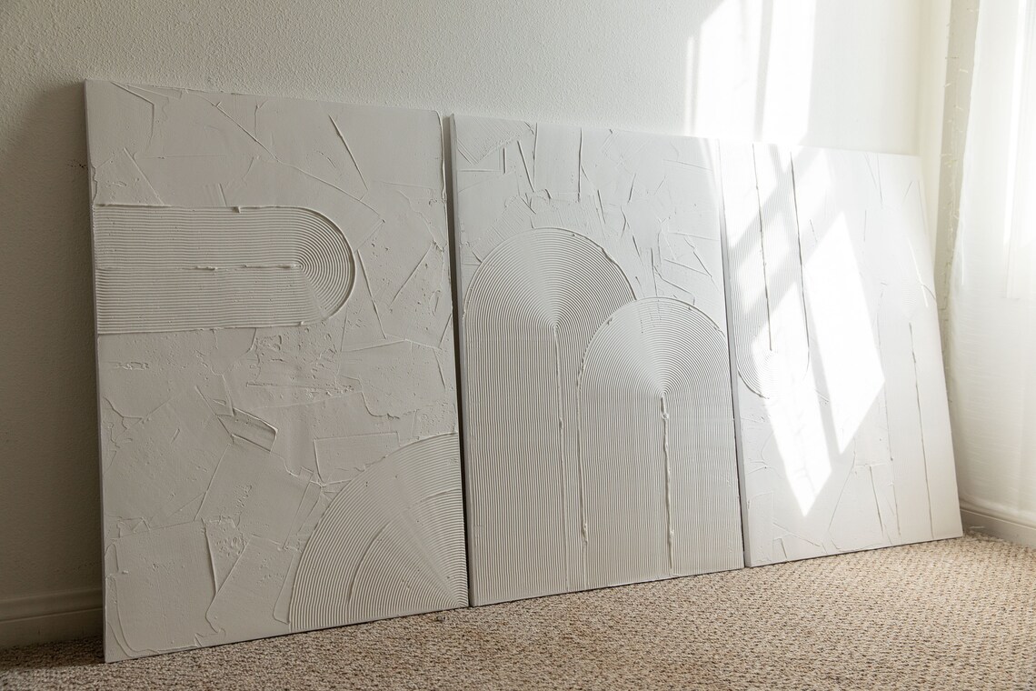 3 PIECE SET | White Abstract Painting White 3D Textured Painting White ...
