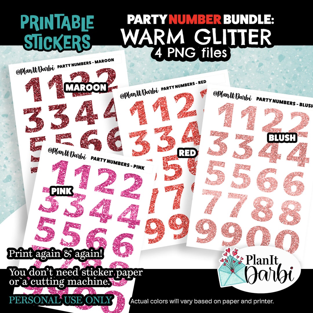 Printable Planner Stickers: PARTY NUMBERS 4 Pngs WARM Glittery Stickers ...