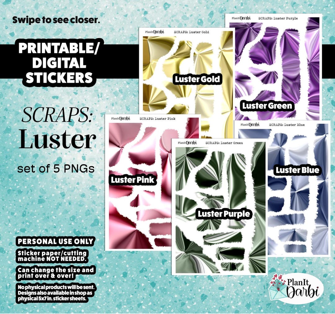 Printable Planner Stickers: (5 PNG) Luster Satin SCRAPS, Pastel, Shiny ...