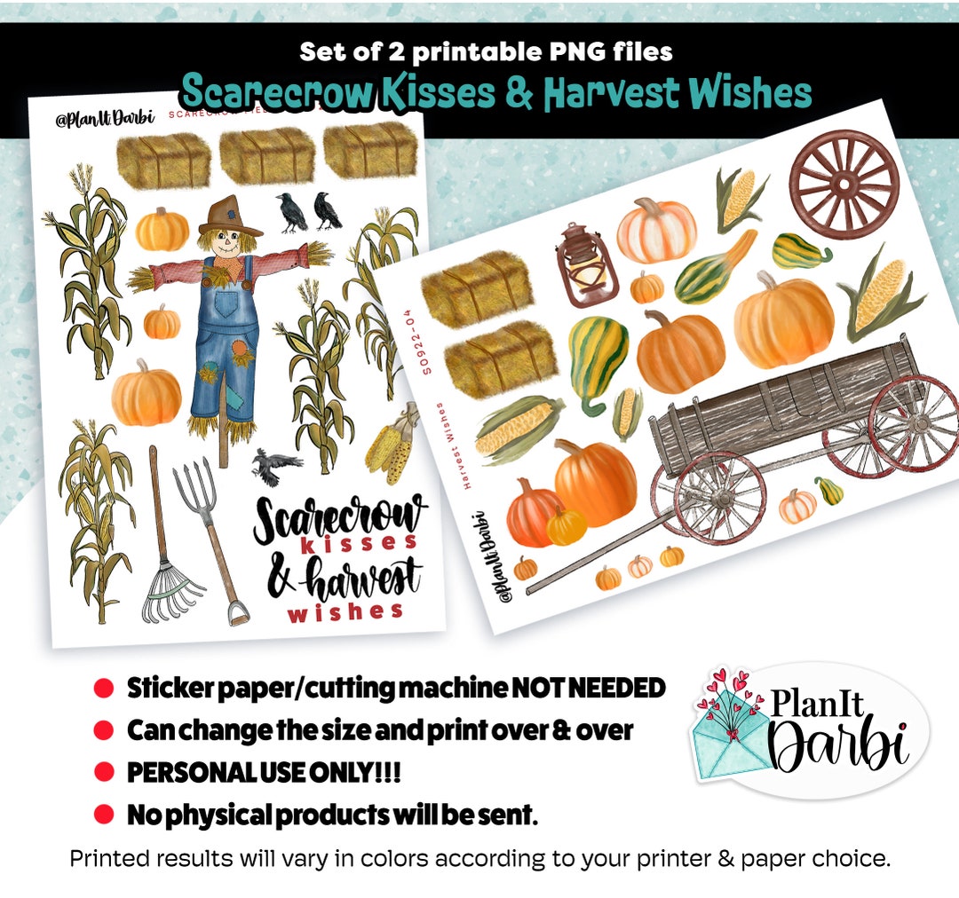 Printable Stickers: SCARECROW HARVEST (2 Png), Fall Stickers, Pumpkin ...