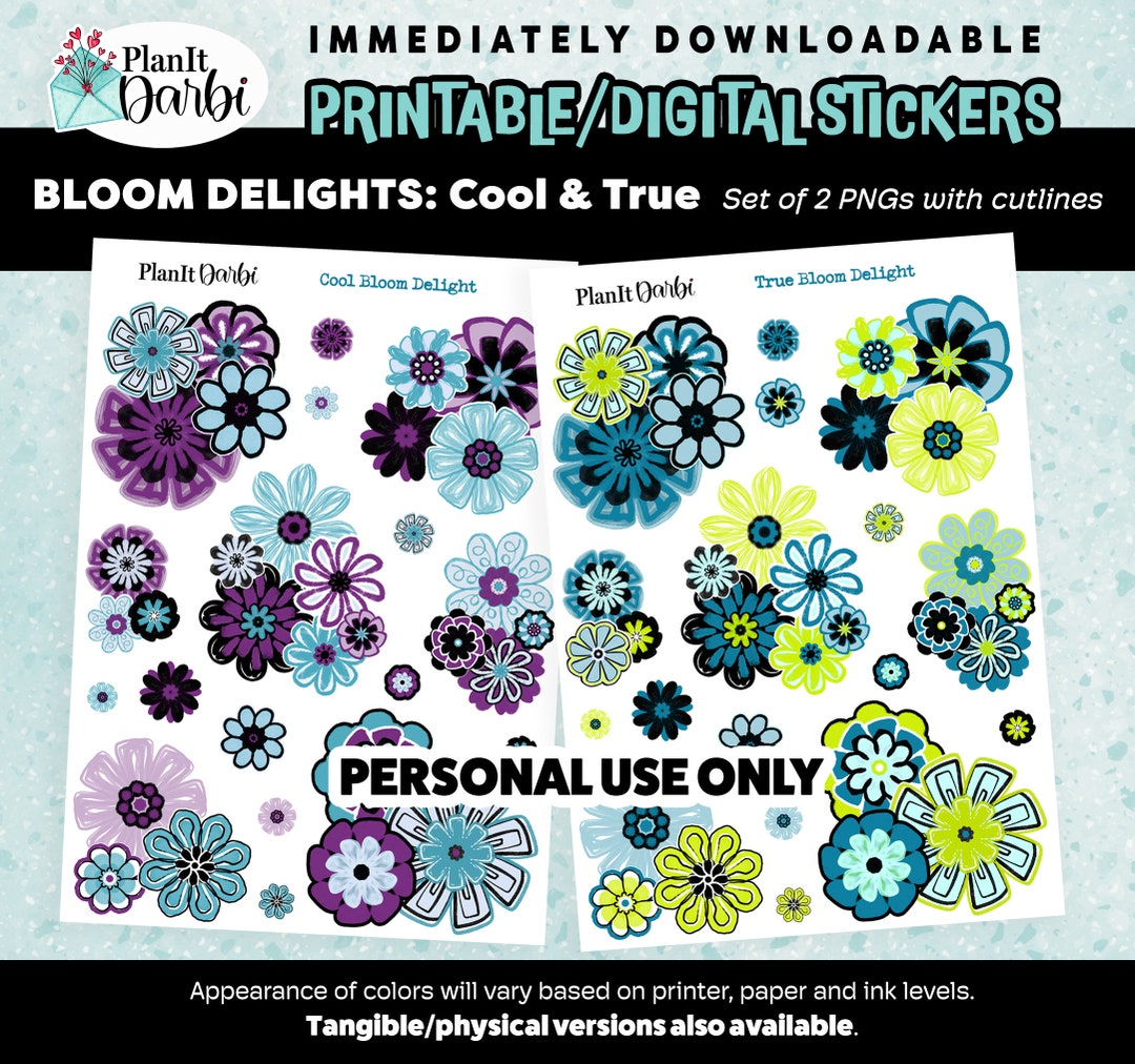 Printable Planner Stickers: Set of 2 - BLOOMS- True Blue & Cool Blue ...