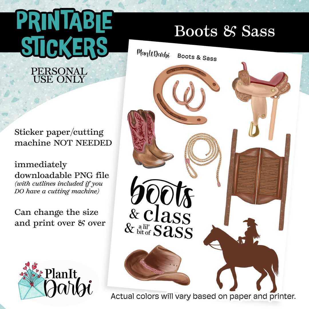 Printable Stickers: BOOTS & SASS Cowgirl Stickers, Desert, Wild West ...