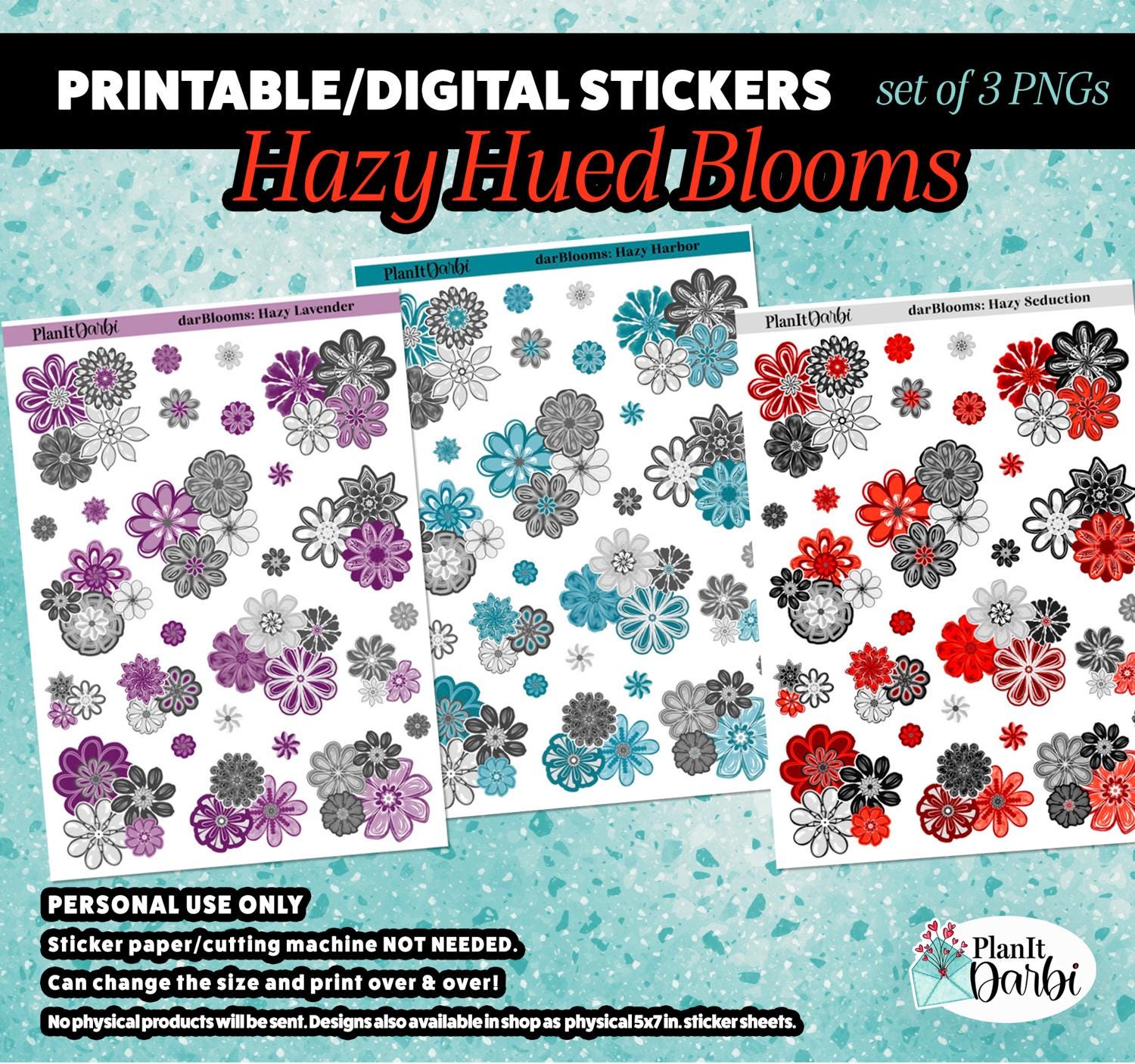 Printable Planner Stickers: HAZY Darblooms Trio (3 PNG), Flower ...