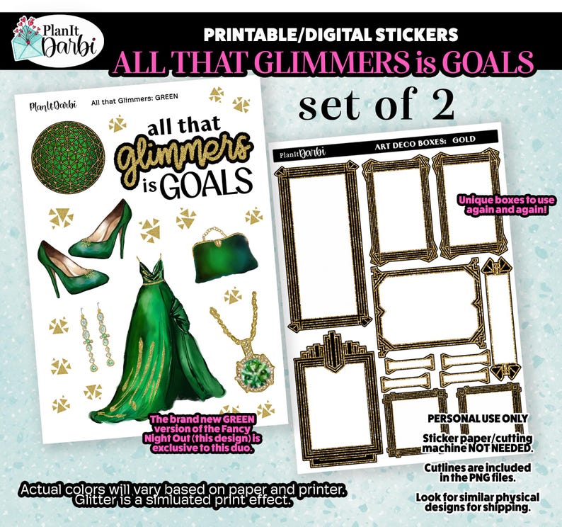Printable Planner Stickers: New Year's, Set of 2, All That Glimmers ...