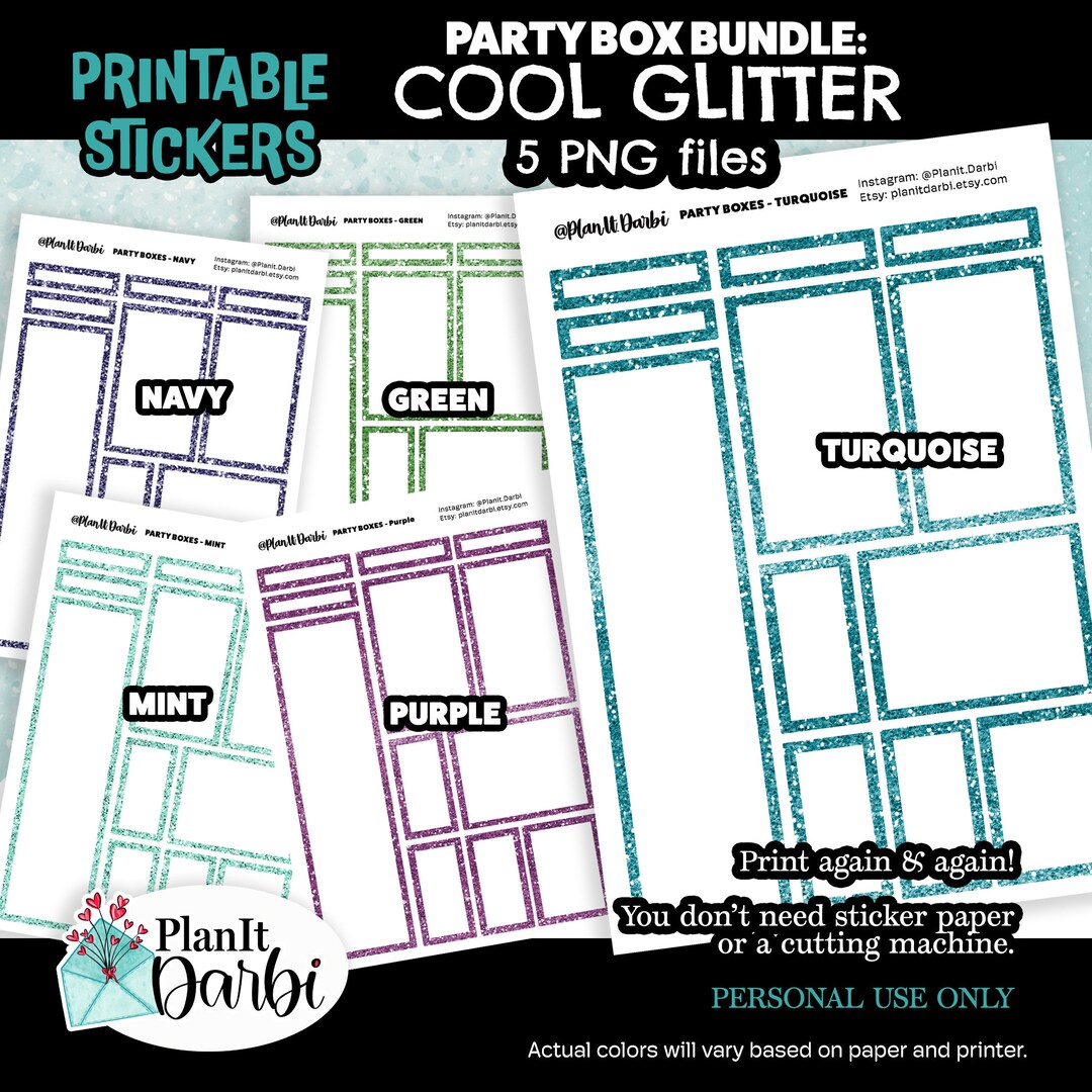 Printable Planner Box Stickers: PARTY BOXES bundle of 5 Cool Toned ...