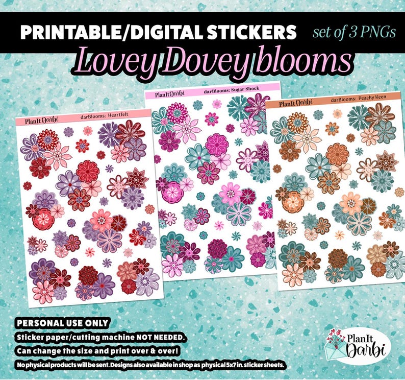 Printable Planner Stickers: LOVEY DOVEY Darblooms (3 Pngs), Flower ...