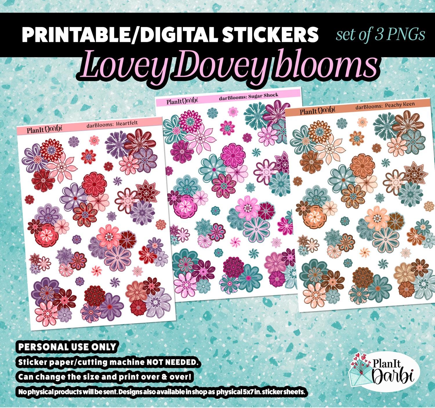 Printable Planner Stickers: LOVEY DOVEY Darblooms (3 Pngs), Flower ...