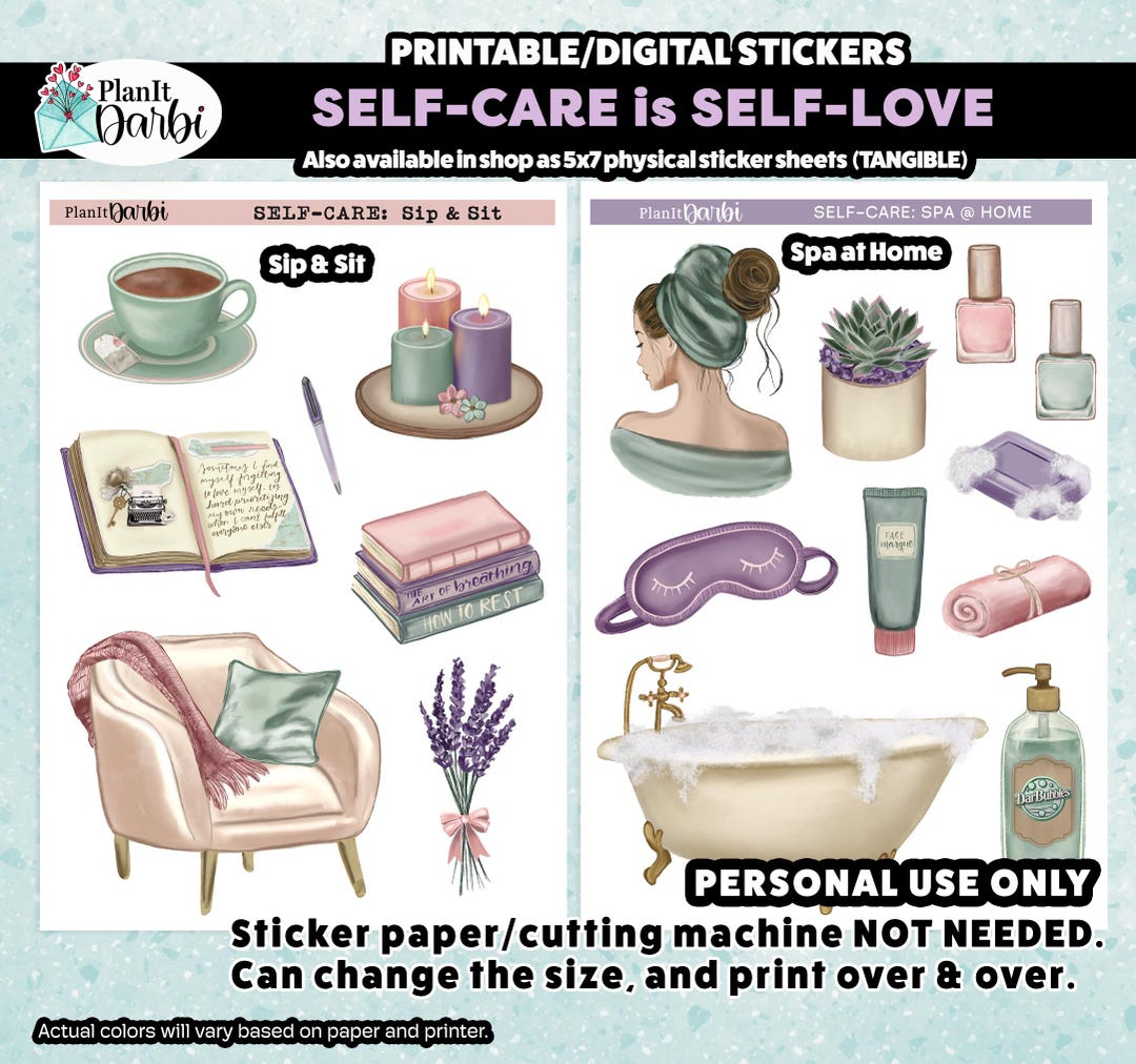 Printable Planner Stickers: SELF-CARE (set of 2) , Home Spa, Reading ...