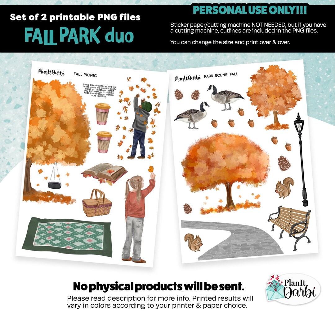 Printable Stickers: Duo FALL PARK PICNIC, Autumn Scene, Fall Planner ...