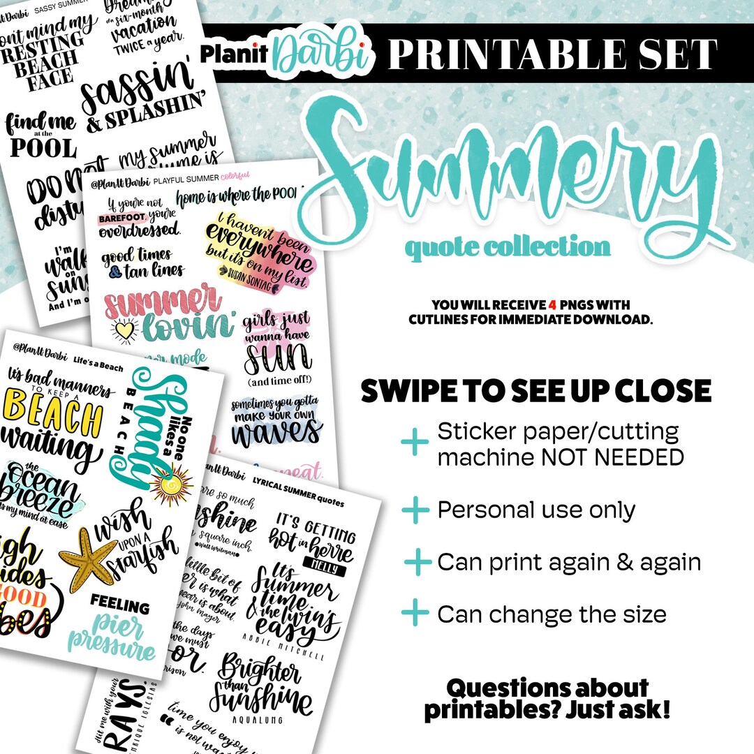 PRINTABLE Stickers: SUMMERY QUOTE (set of 4) Hand Lettered Quote ...