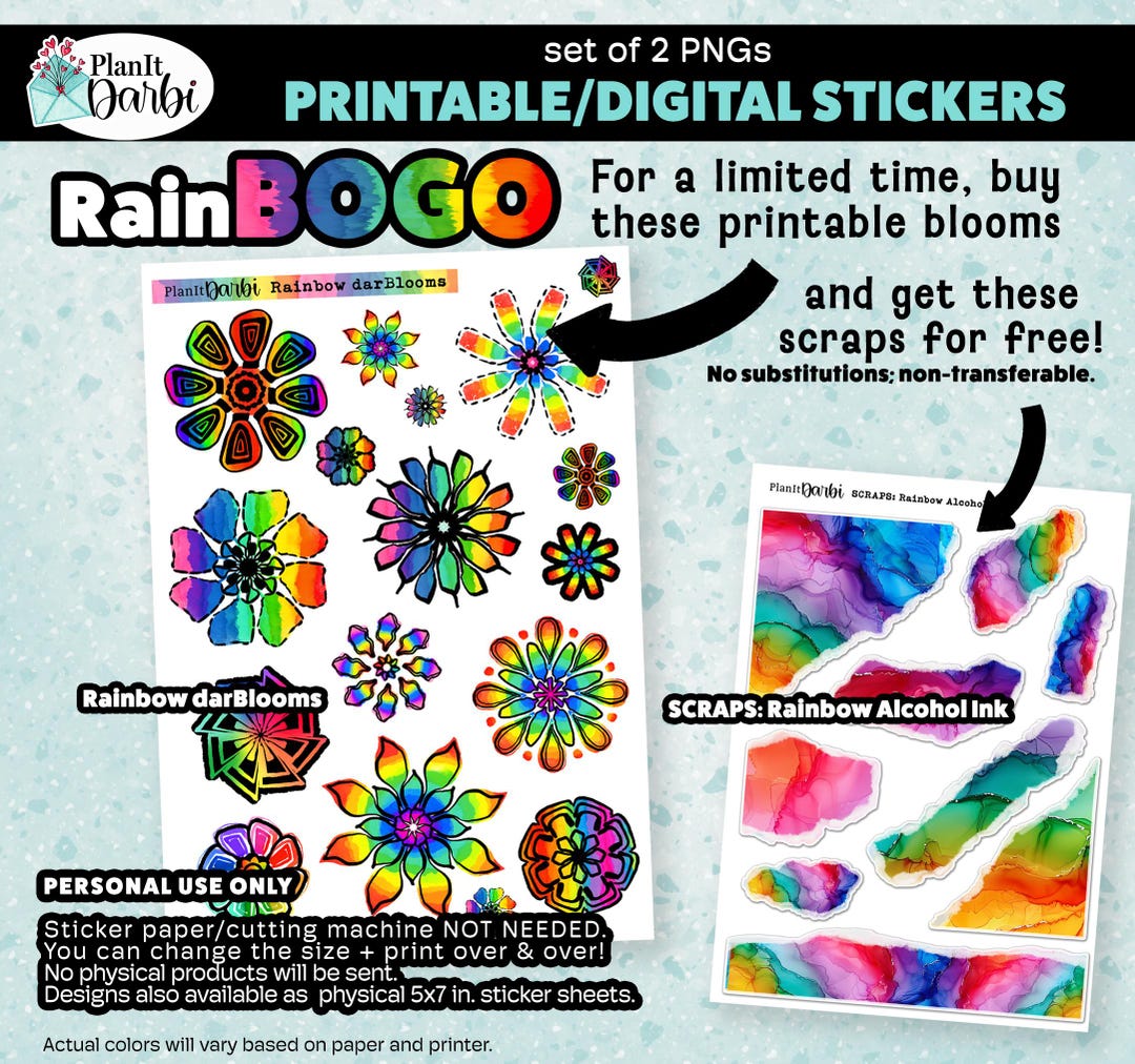 PRINTABLE STICKERS: Bogo, Rainbow Blooms + Rainbow Alcohol Inks Scraps ...