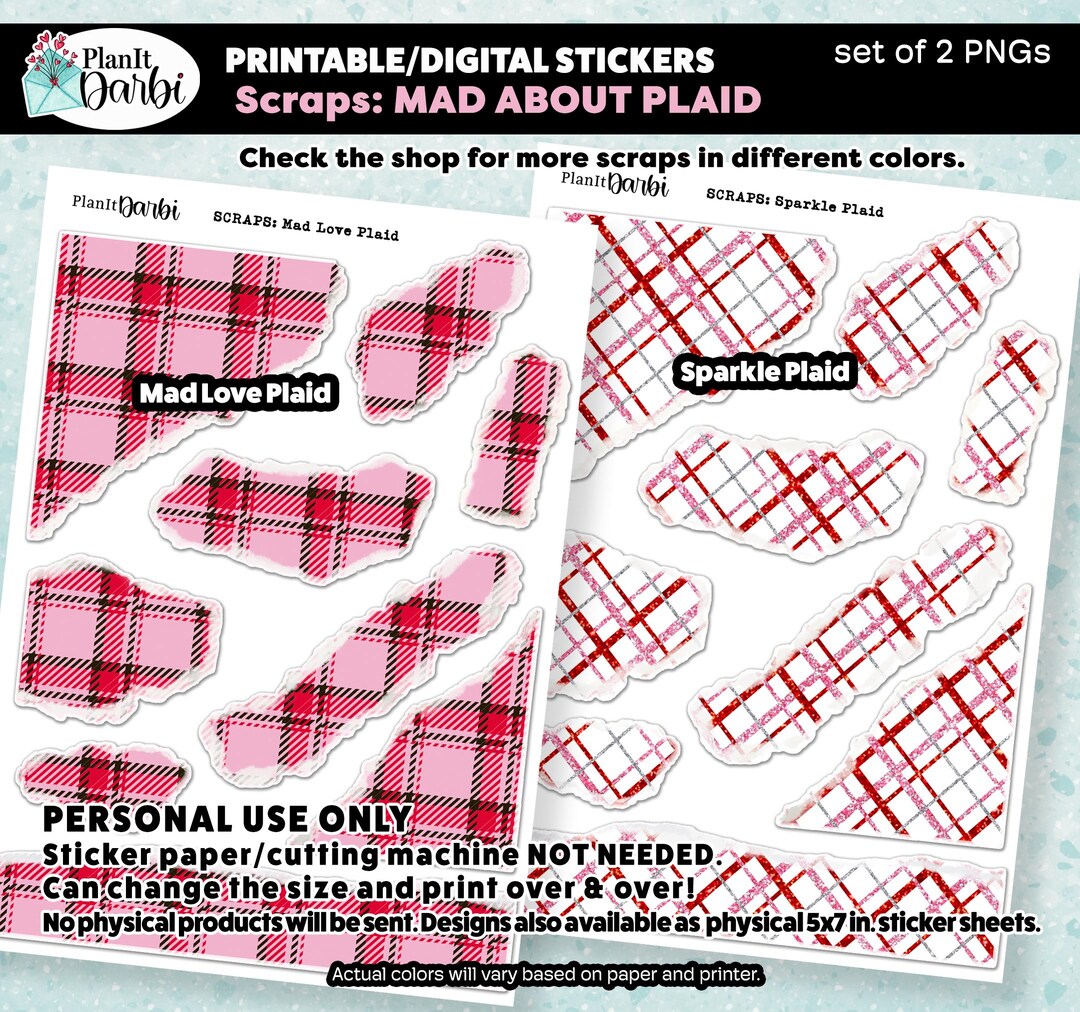 Printable Planner Stickers: (2 Pngs) MAD PLAID SCRAPS- Red & Pink Plaid ...