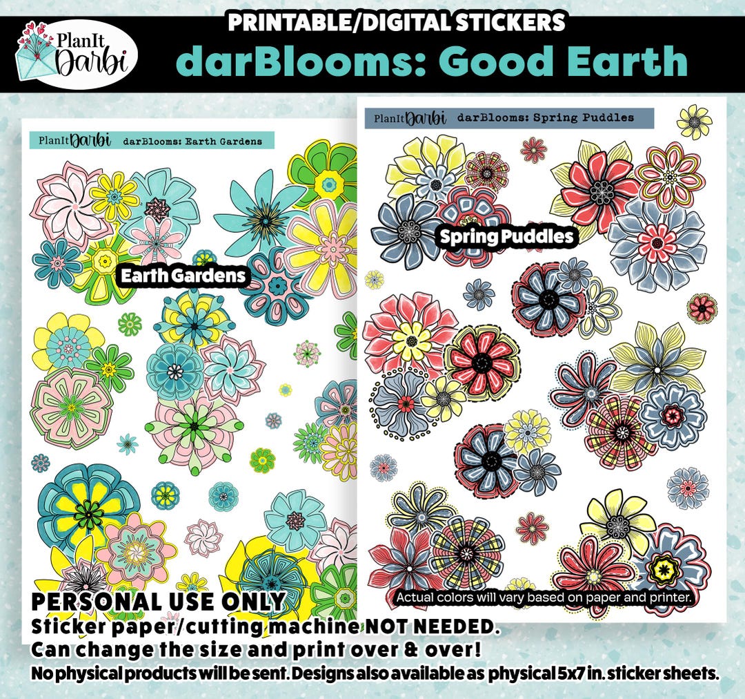 Printable Planner Stickers: EARTH & PUDDLE Blooms, Earth Day, Rainy Day ...