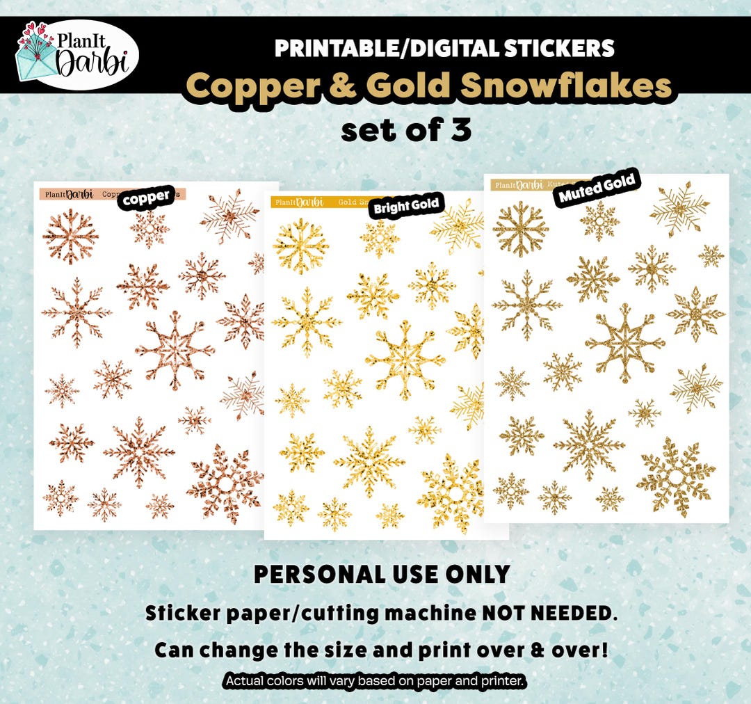 Printable Planner Stickers: Glitter SNOWFLAKES (set of 3), Gold, Copper ...