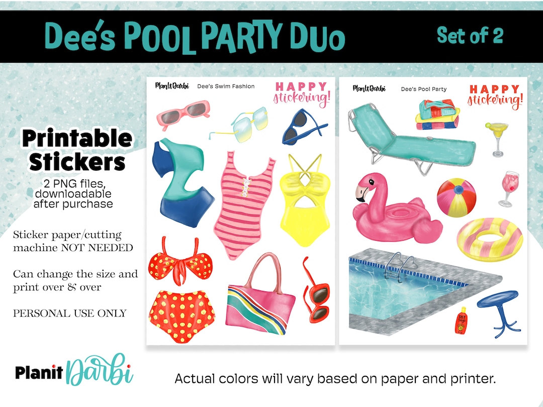 Printable Stickers: Pool Party (set of 2 Pngs), Summer Fun, Swimming ...