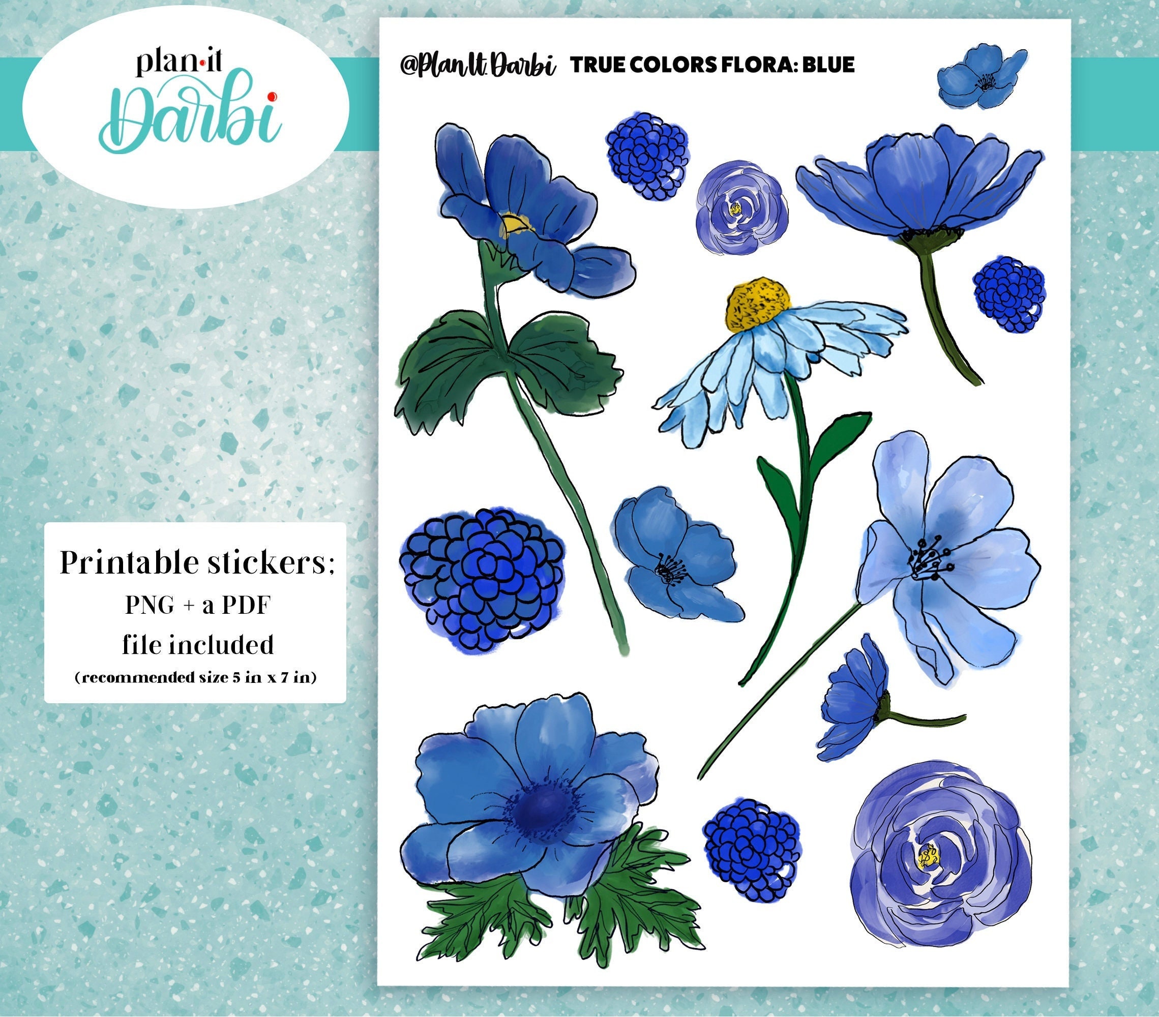 PRINTABLE: TRUE COLORS Blue Indigo Watercolor Florals, Stickers Flower ...