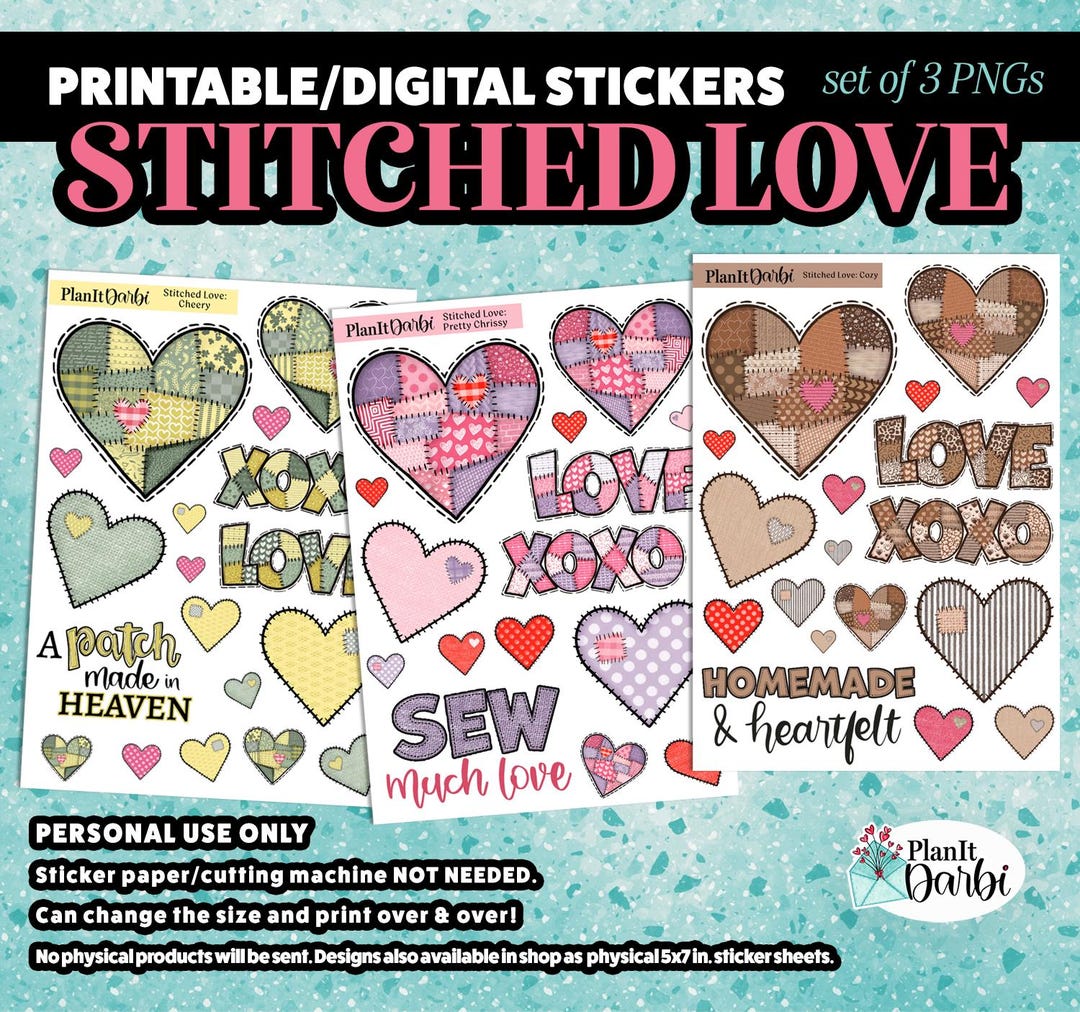 Printable Planner Stickers: STITCHED LOVE (3 Pngs), Cheery, Quilt ...