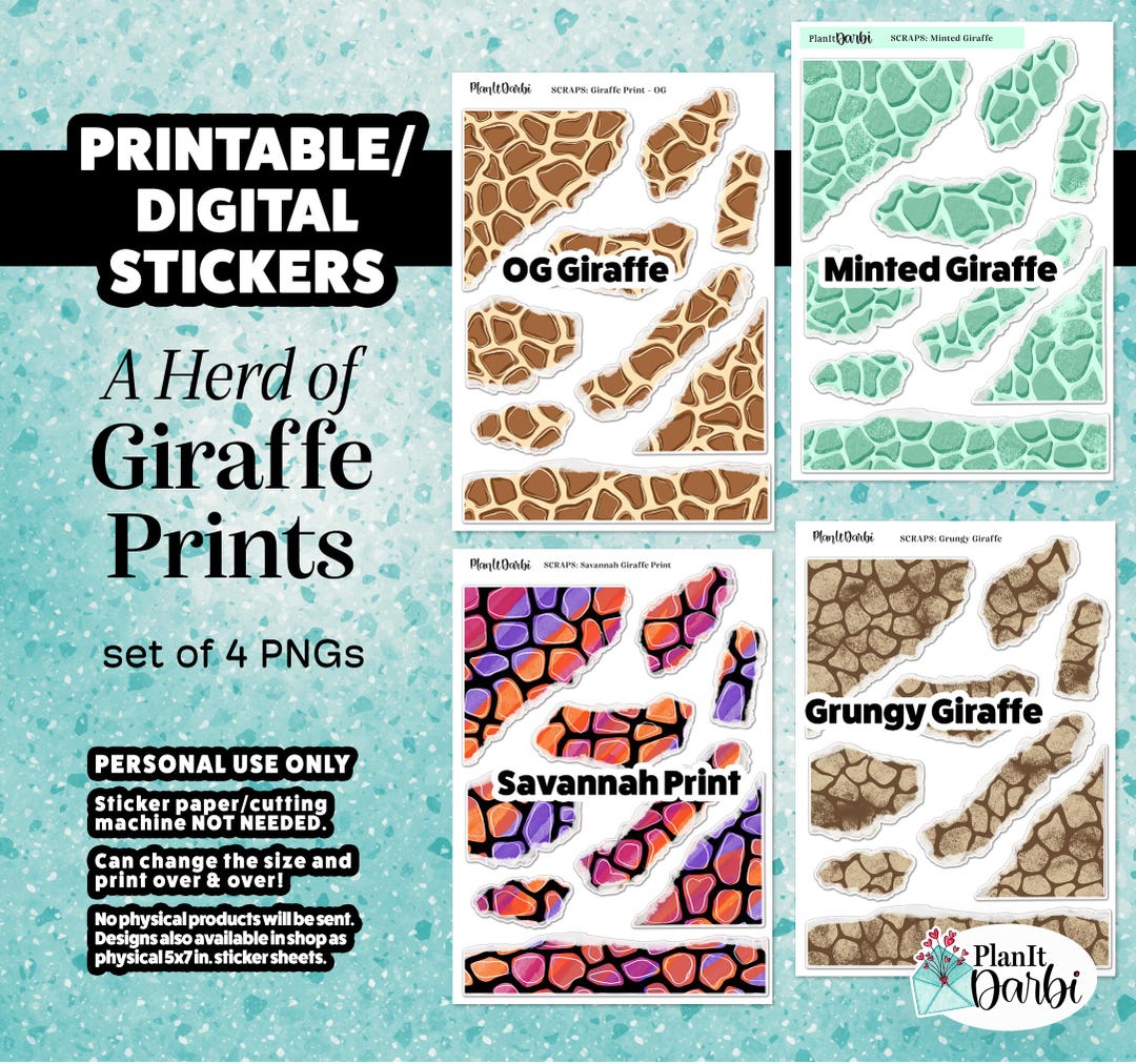 Printable Planner Stickers: GIRAFFE Print Scraps 4 Pngs, Wild Animals ...