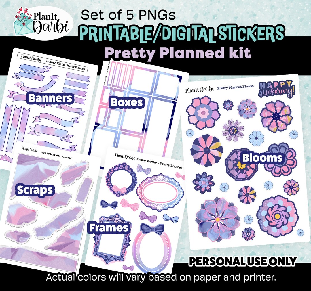 Printable Planner Stickers: Set of 5 Pretty Planned Blue & Purple ...
