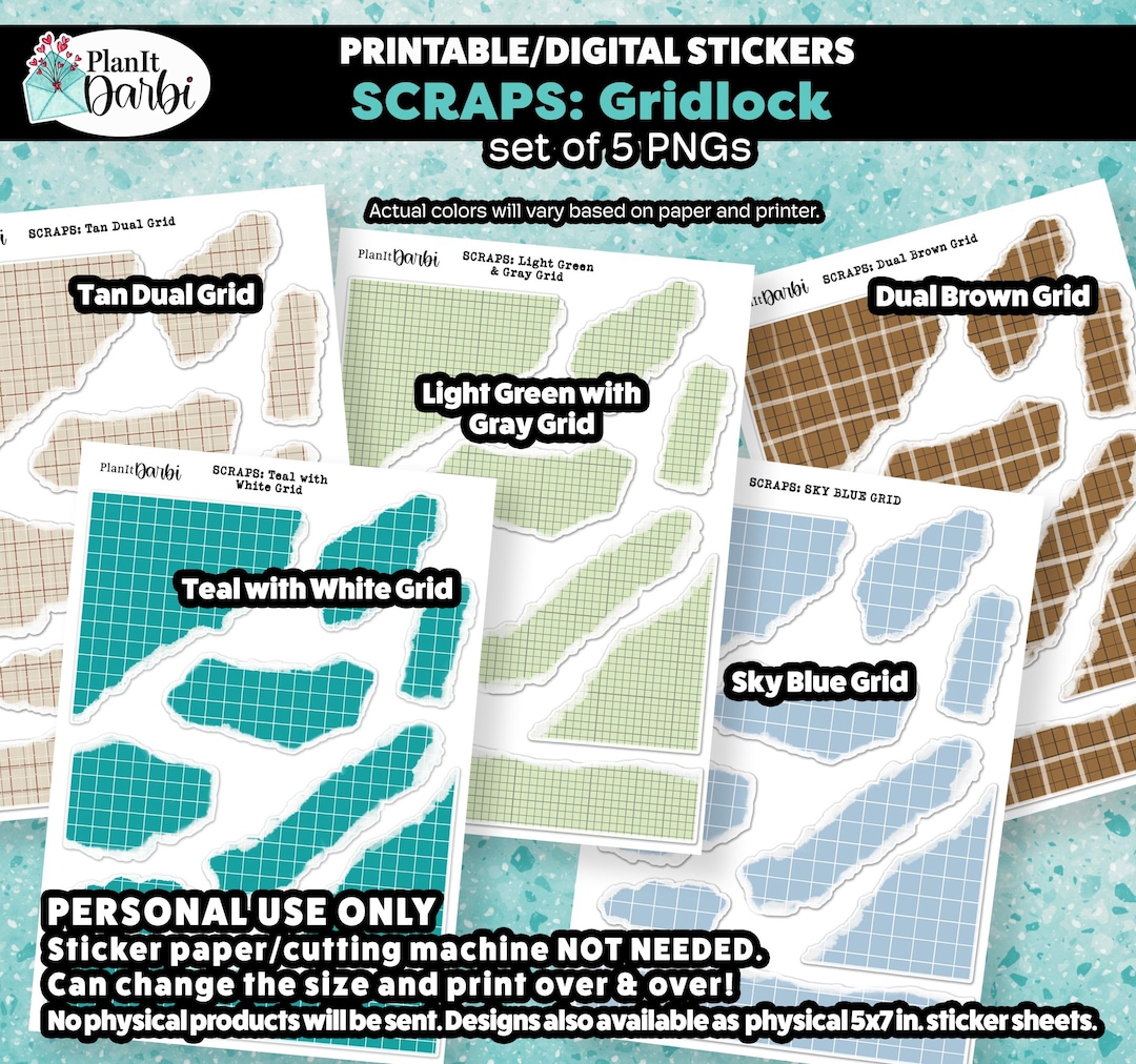 Printable Planner Stickers: SCRAPS - 5 PNG Grid, Washi, Plaid ...
