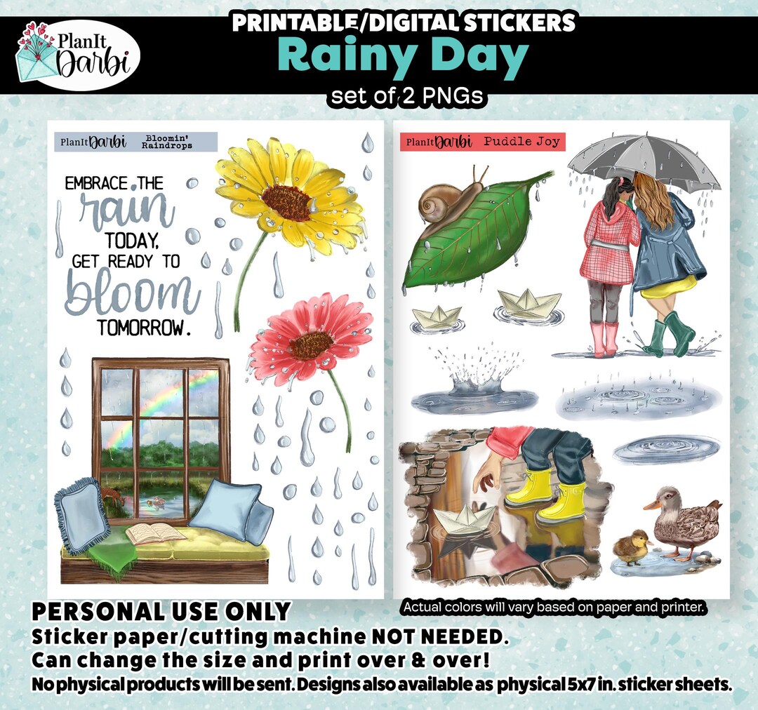 Printable Planner Stickers: Rainy Day Duo, Nature Stickers, Spring ...
