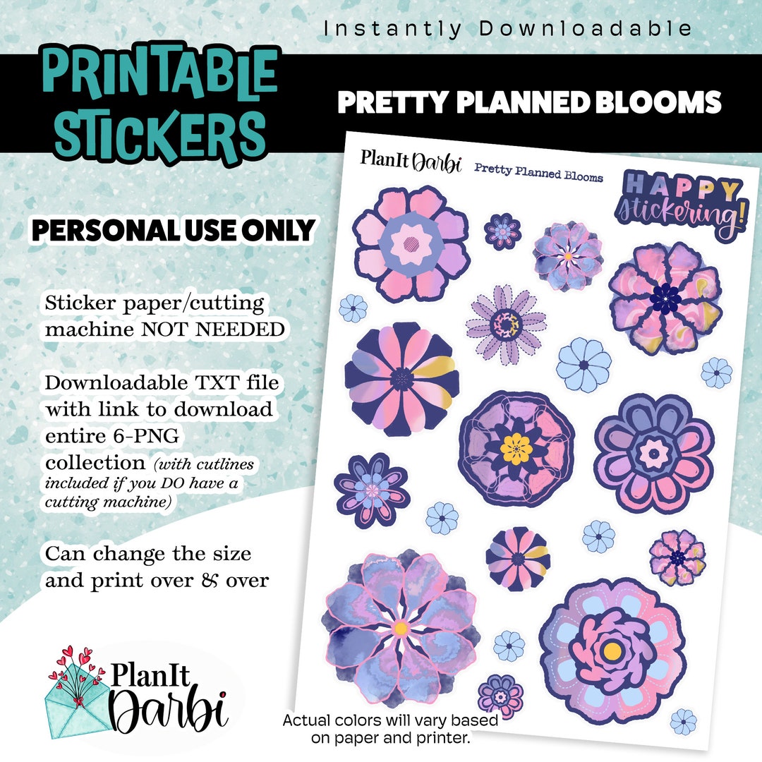 Printable Planner Stickers: NEW Pretty Planned Blooms, Blue Purple Pink ...
