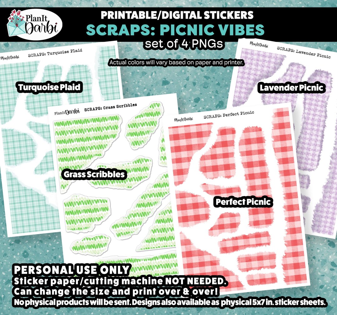 Printable Planner Stickers: SCRAPS 4 PNG Picnic Themed, Plaid, Grass ...