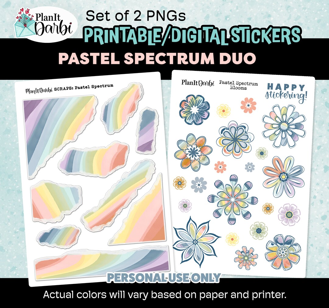 Printable Planner Stickers: Pastel Spectrum Scraps & Blooms (2 Pngs ...