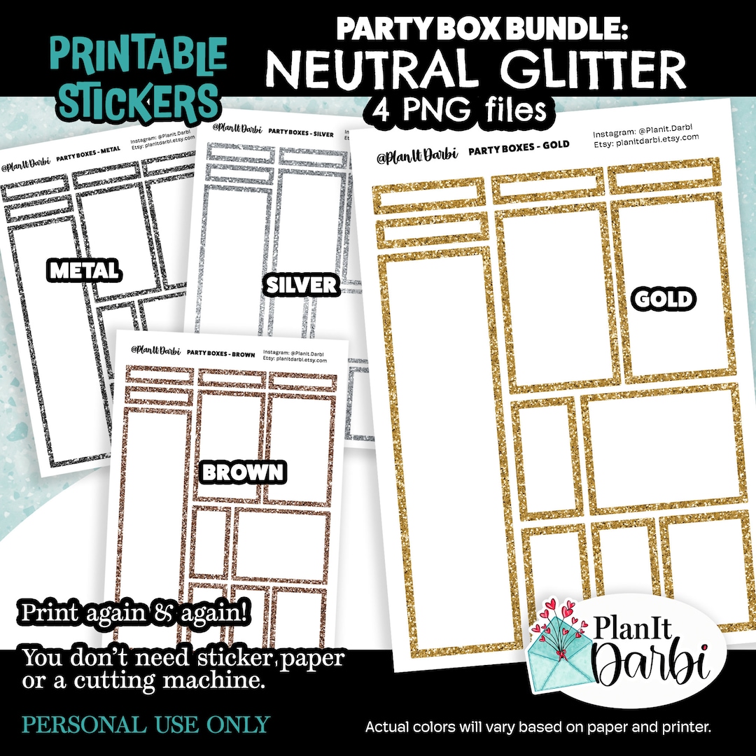 Printable Planner Box Stickers: PARTY BOXES (bundle of 4 Pngs) NEUTRAL ...
