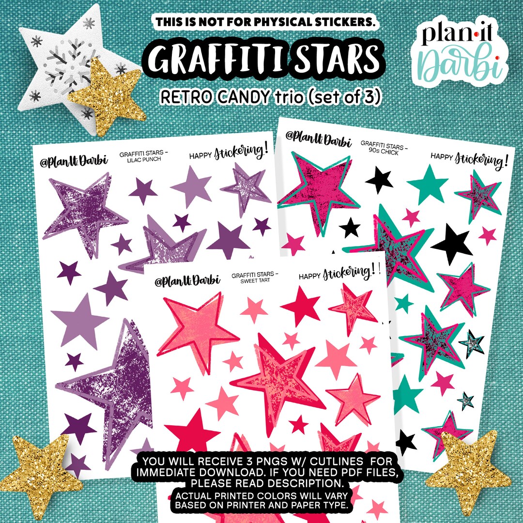 Printable: Retro Candy GRAFFITI STARS (set of 3) Digital, Playful Fun ...