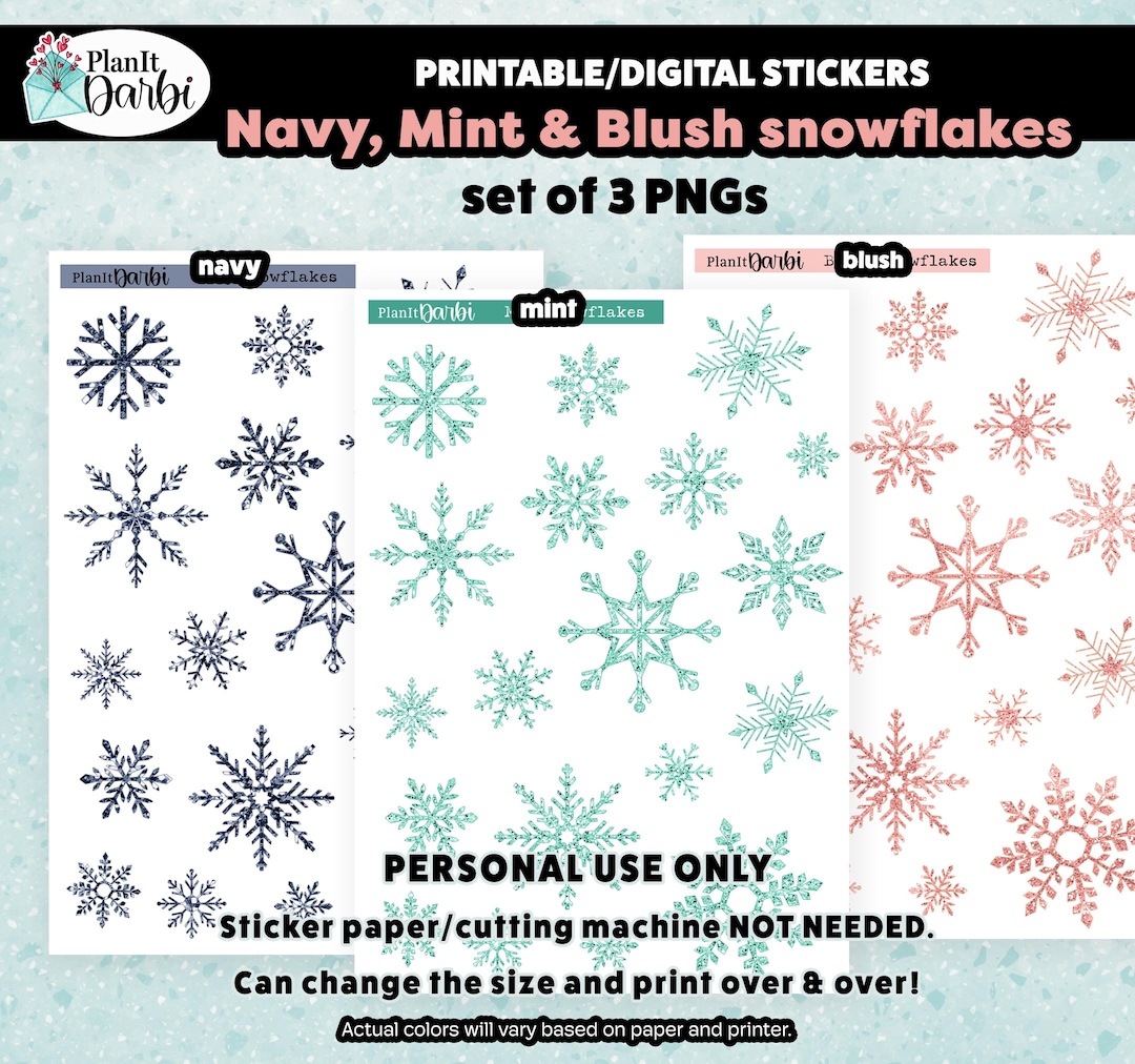 Printable Planner Stickers: Glitter SNOWFLAKES set of 3, Navy, Blush ...