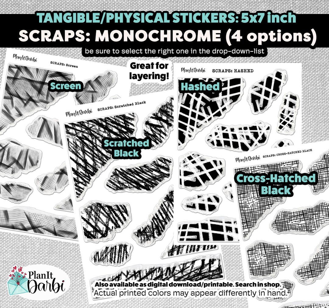 Tangible Planner Stickers: Scratchy Cross HATCHED 4 Options, B&W Scraps ...