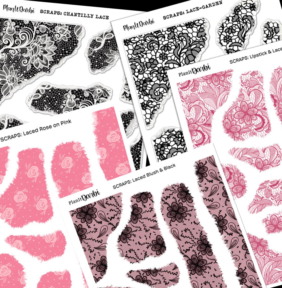Printable Planner Stickers: SCRAPS 5 PNG, Love Lace, Lacy Pink Black ...