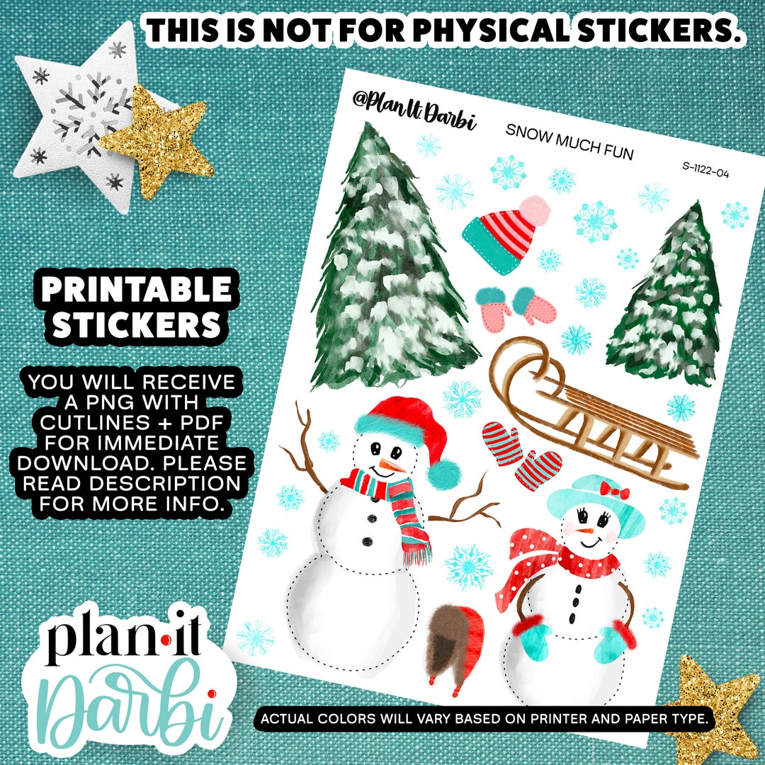 Printable Planner Stickers: SNOW FUN Snowman, Snowwoman, Evergreen Tree ...