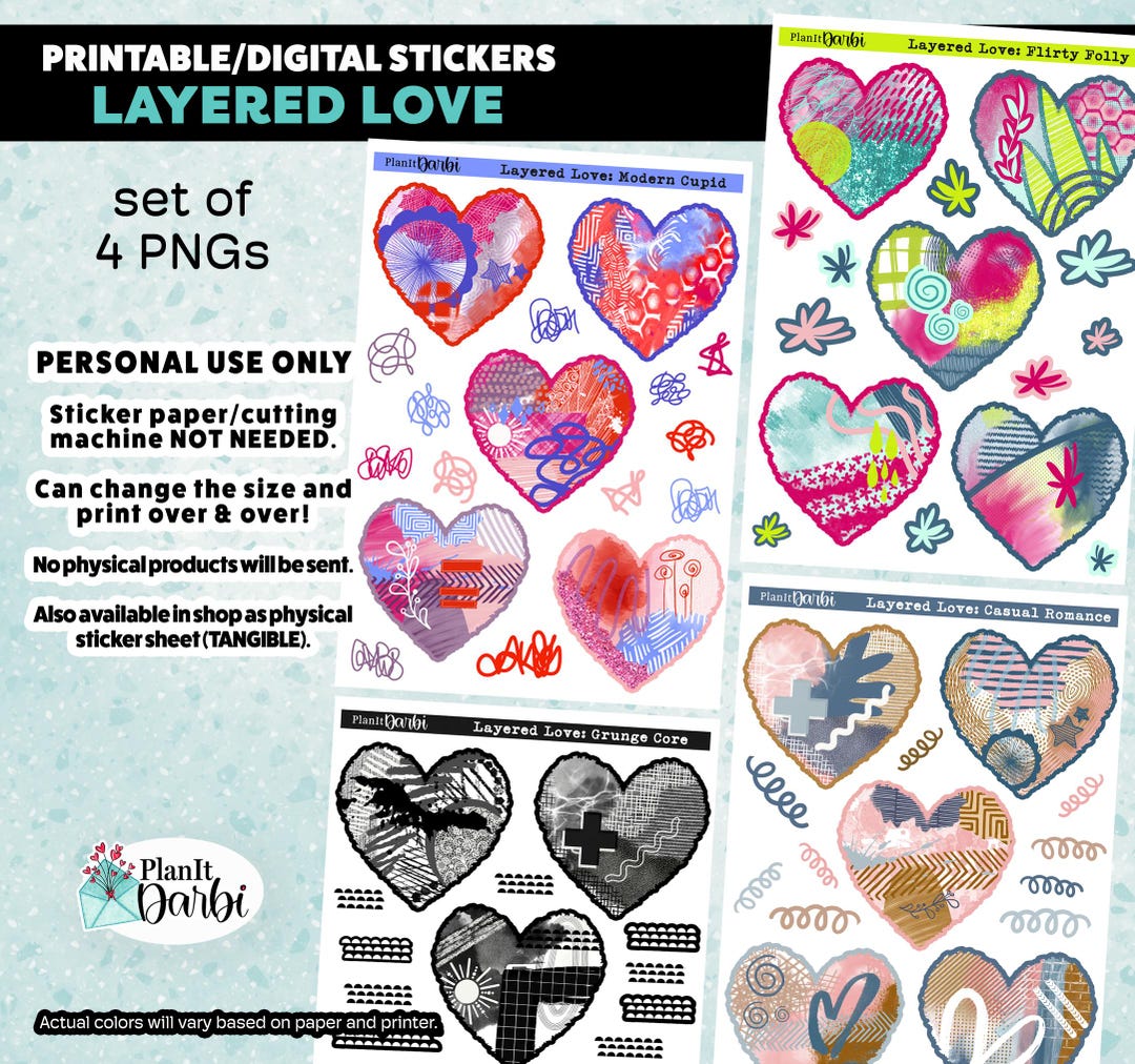 Printable Planner Stickers: Layered Love Hearts (4 Pngs), Valentine's ...