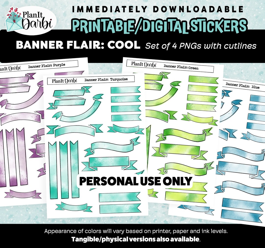 Printable Planner Stickers: Set of 4 COOL BANNER Stickers, Functional ...