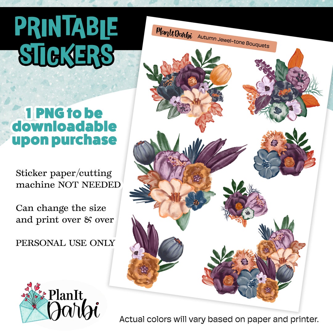 Printable Stickers: JEWEL TONED Flower Bouquets, Watercolor Flowers ...