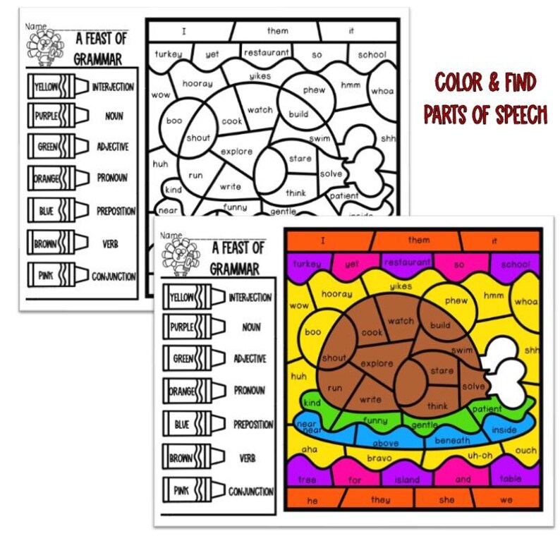 Thanksgiving Color by Code Parts of Speech - Etsy