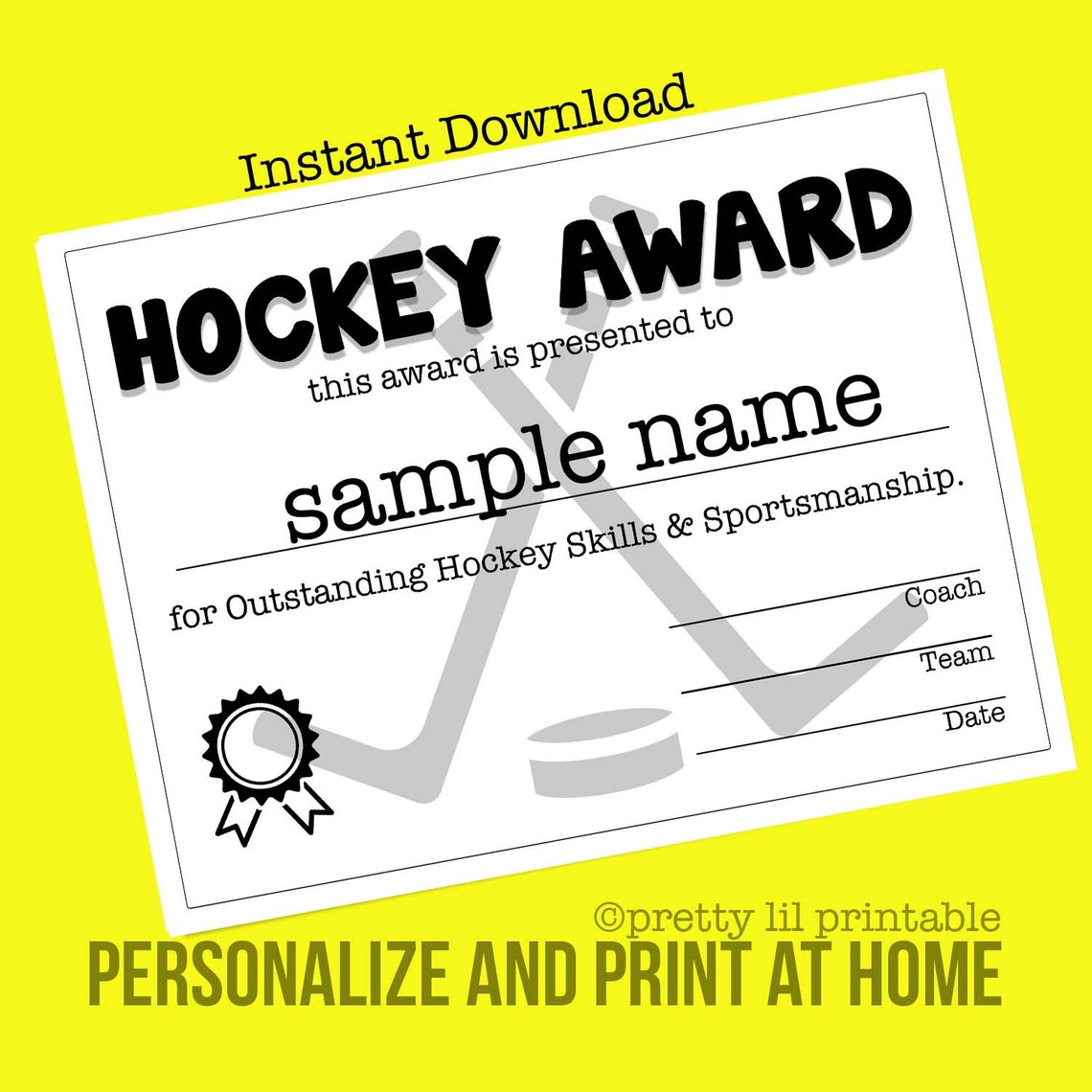Hockey Award, Certificate, Print at Home, Printable, Kids Sports - Etsy