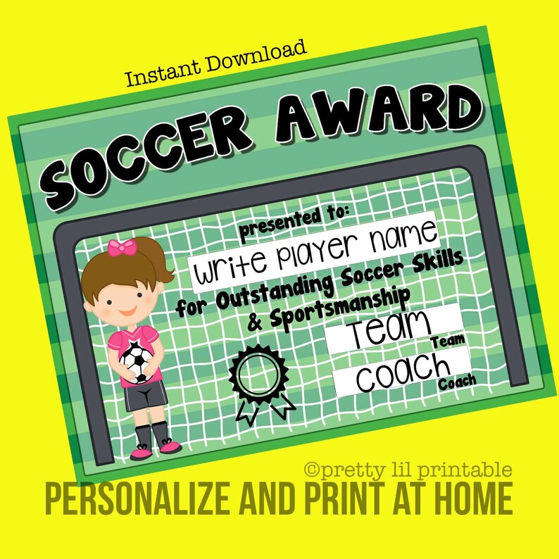 Soccer Award Certificate Print at Home Printable Girls - Etsy