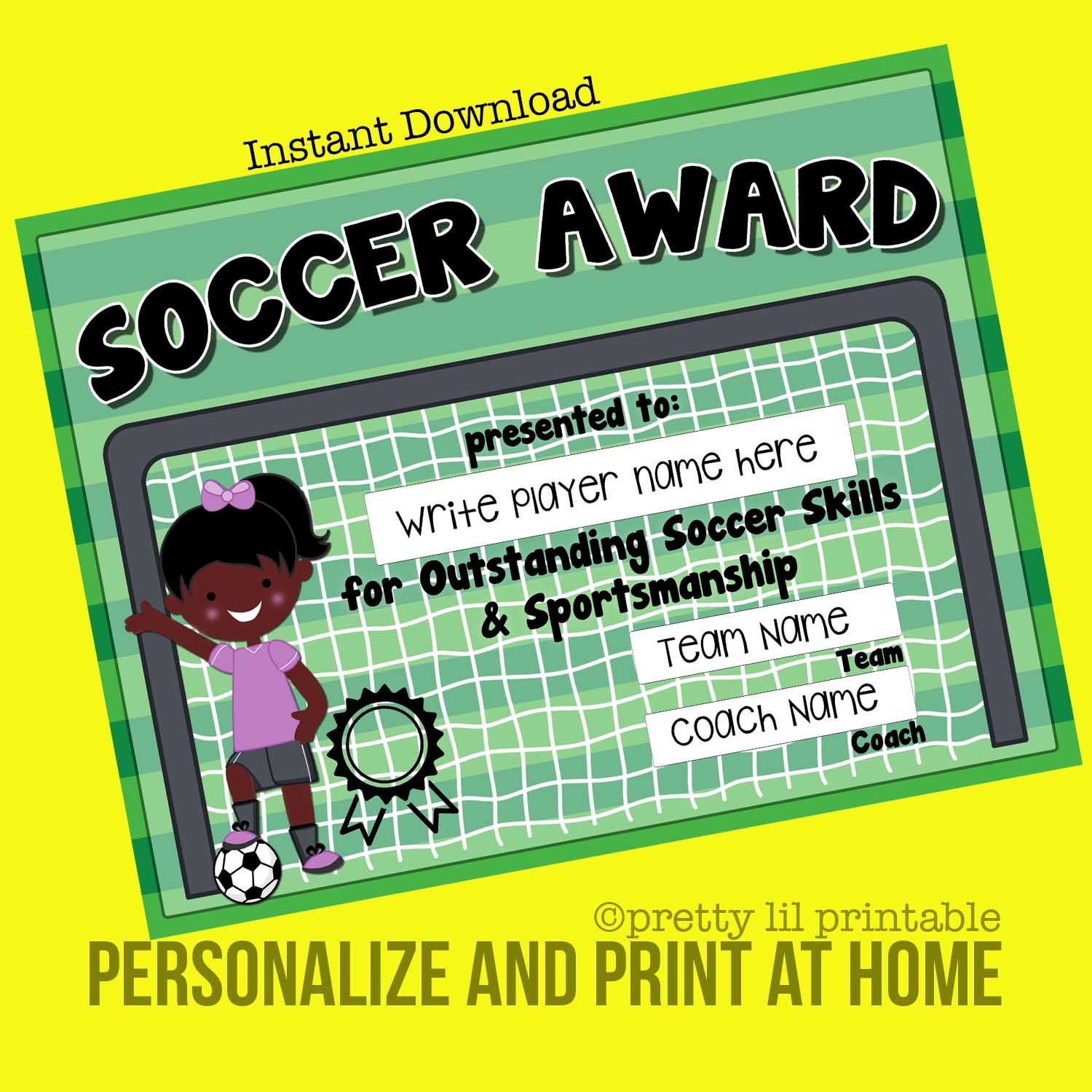 Soccer Award, Certificate, Print at Home, Printable, Girls Team - Etsy